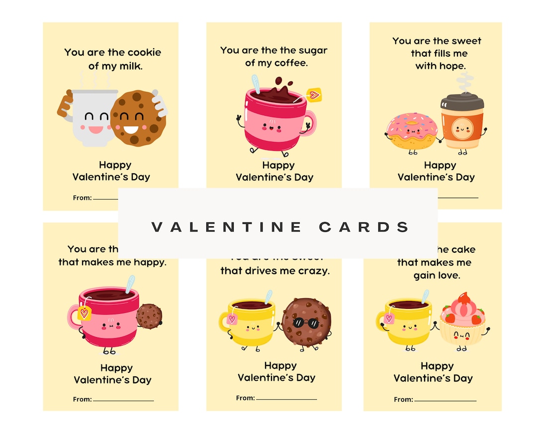 Food Valentine's Day Cards, 6 Printable Food Valentines Cards, Digital ...