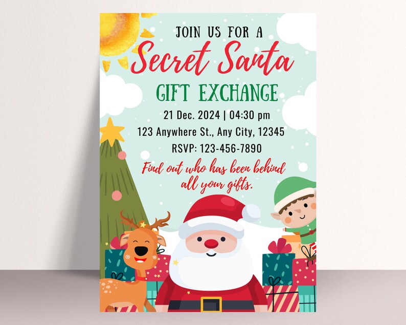 Secret Santa Christmas Party Invitation, Printable Gift Exchange ...