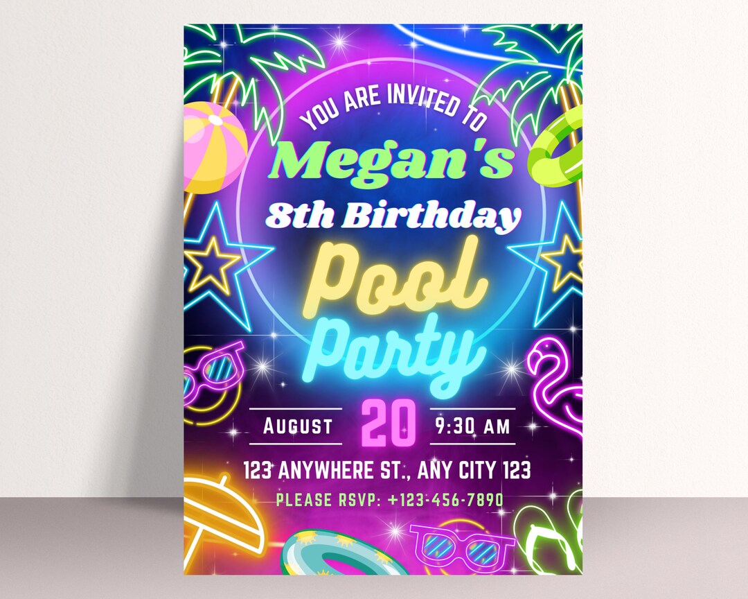 Neon Pool Party Invitation: Editable Birthday Invite (digital Download ...