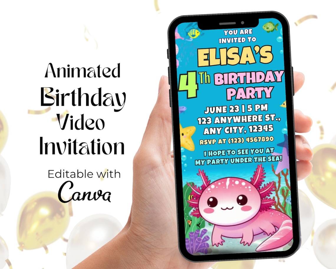 Axolotl Birthday Video Invitation, Digital Axolotl Birthday Video Evite ...