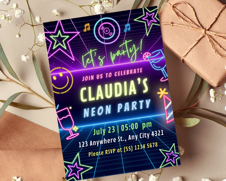 Neon Birthday Party Invitation, Editable Neon Glow Party Invite ...