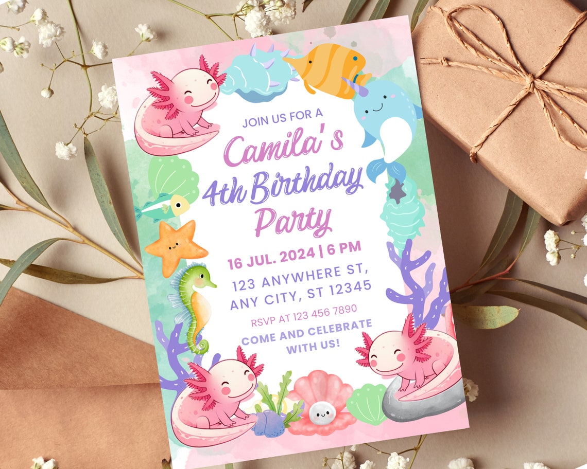 Axolotl Birthday Invitation, Editable Axolotl Birthday Invitation ...