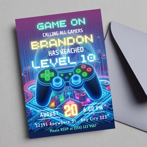 Editable Neon Video Game Birthday Party Invitation (digital Download ...