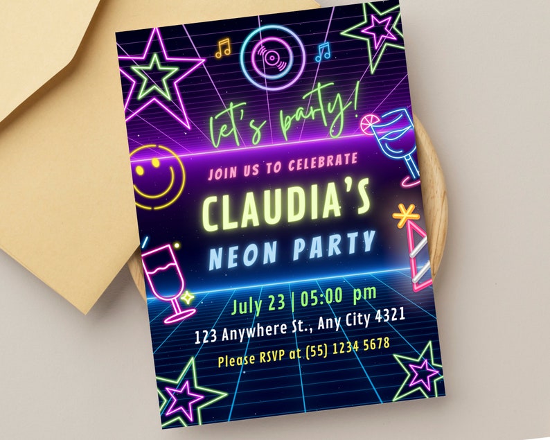 Neon Birthday Party Invitation, Editable Neon Glow Party Invite ...