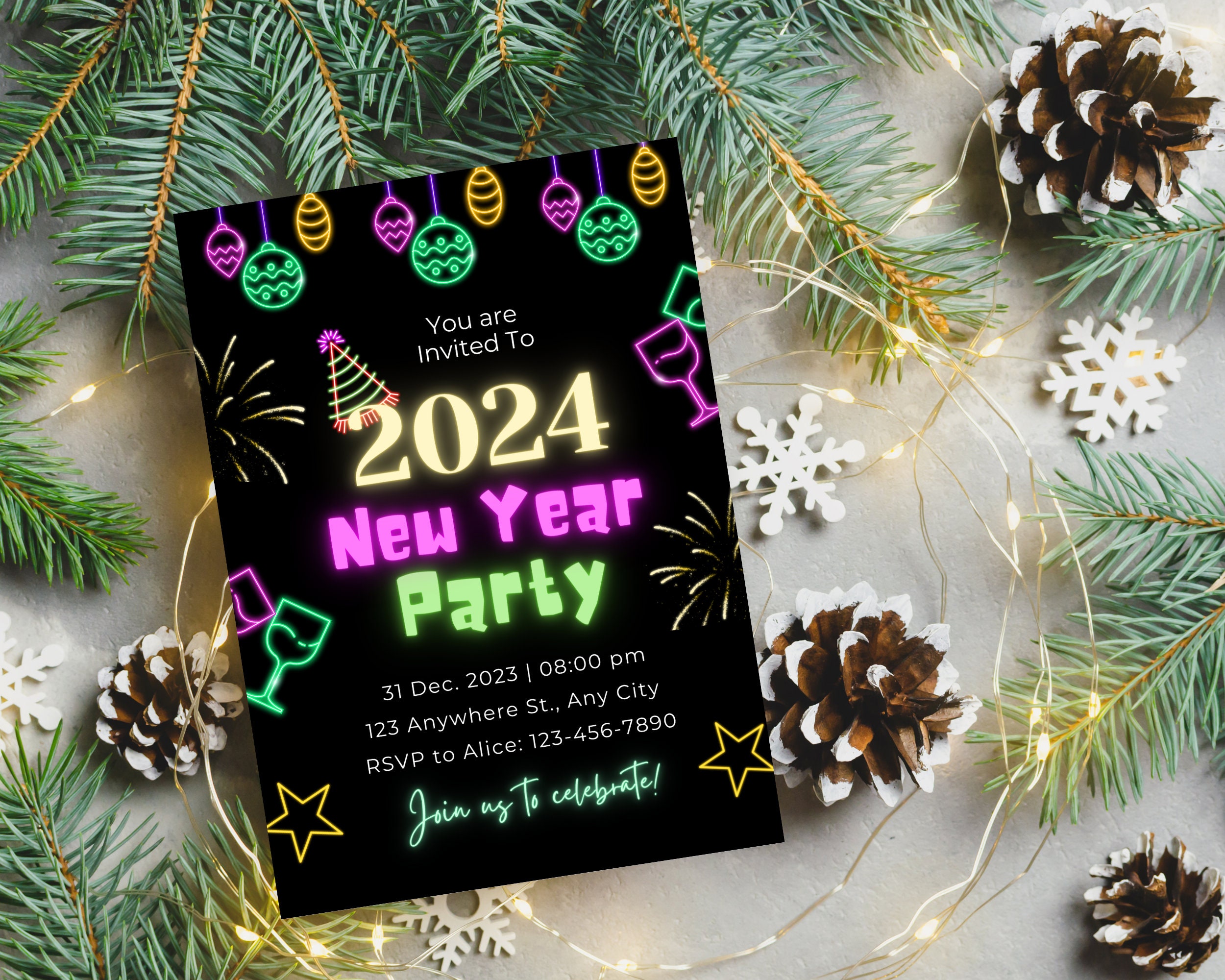Neon New Years Party Invitation, 2024 New Years Eve Party Printable ...