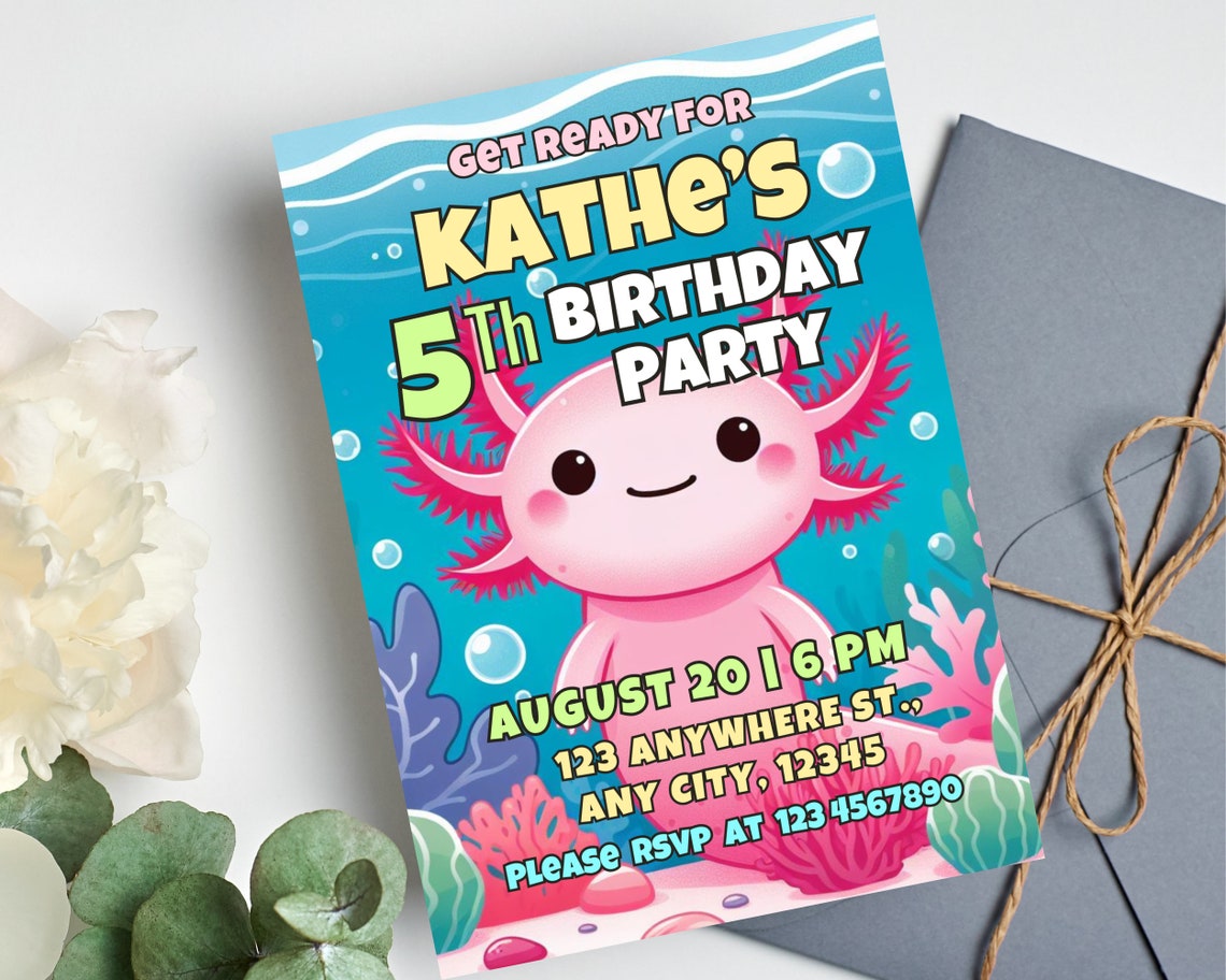 Axolotl Birthday Party Invitation, Editable Axolotl Birthday Party ...