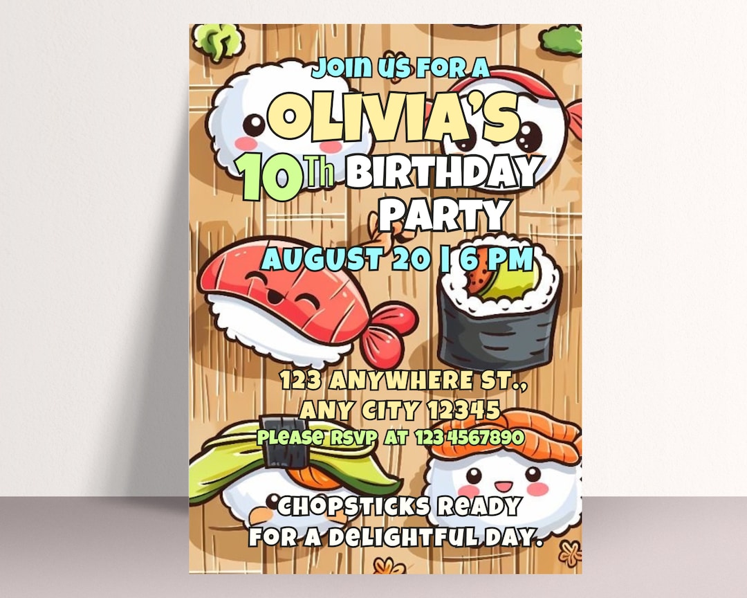 Kawaii Sushi Birthday Invitation: Editable Japanese Theme (digital ...