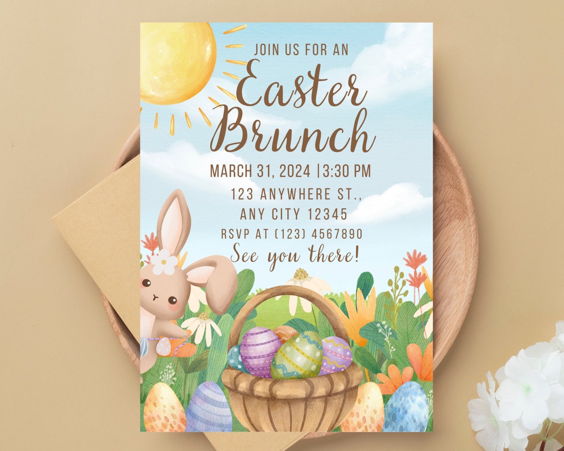 Easter Brunch Invitation, Editable Easter Floral Bunny Brunch ...