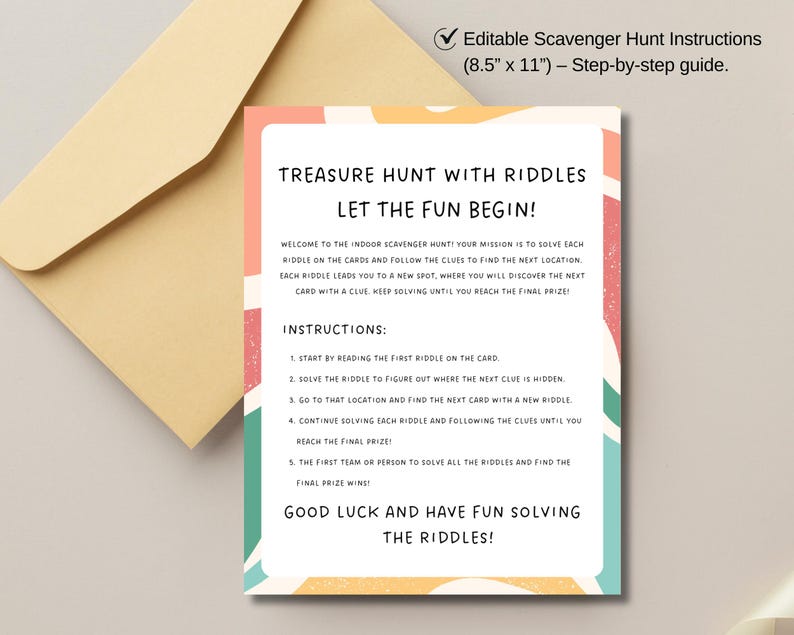 Editable Scavenger Hunt Game: 65 Riddle Clue Cards (digital Download ...