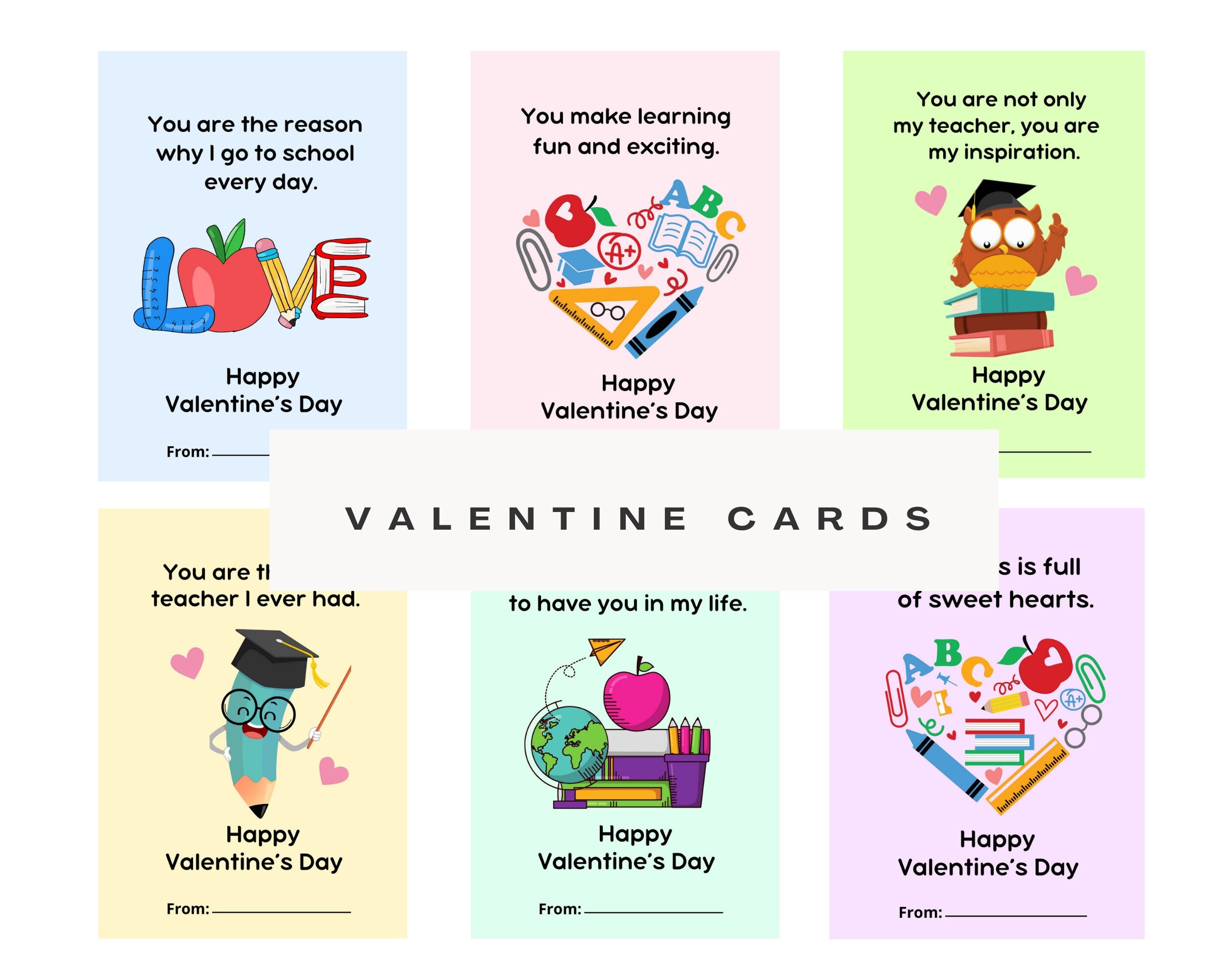 Teacher Appreciation Valentine's Day Cards, 6 Printable Valentines ...