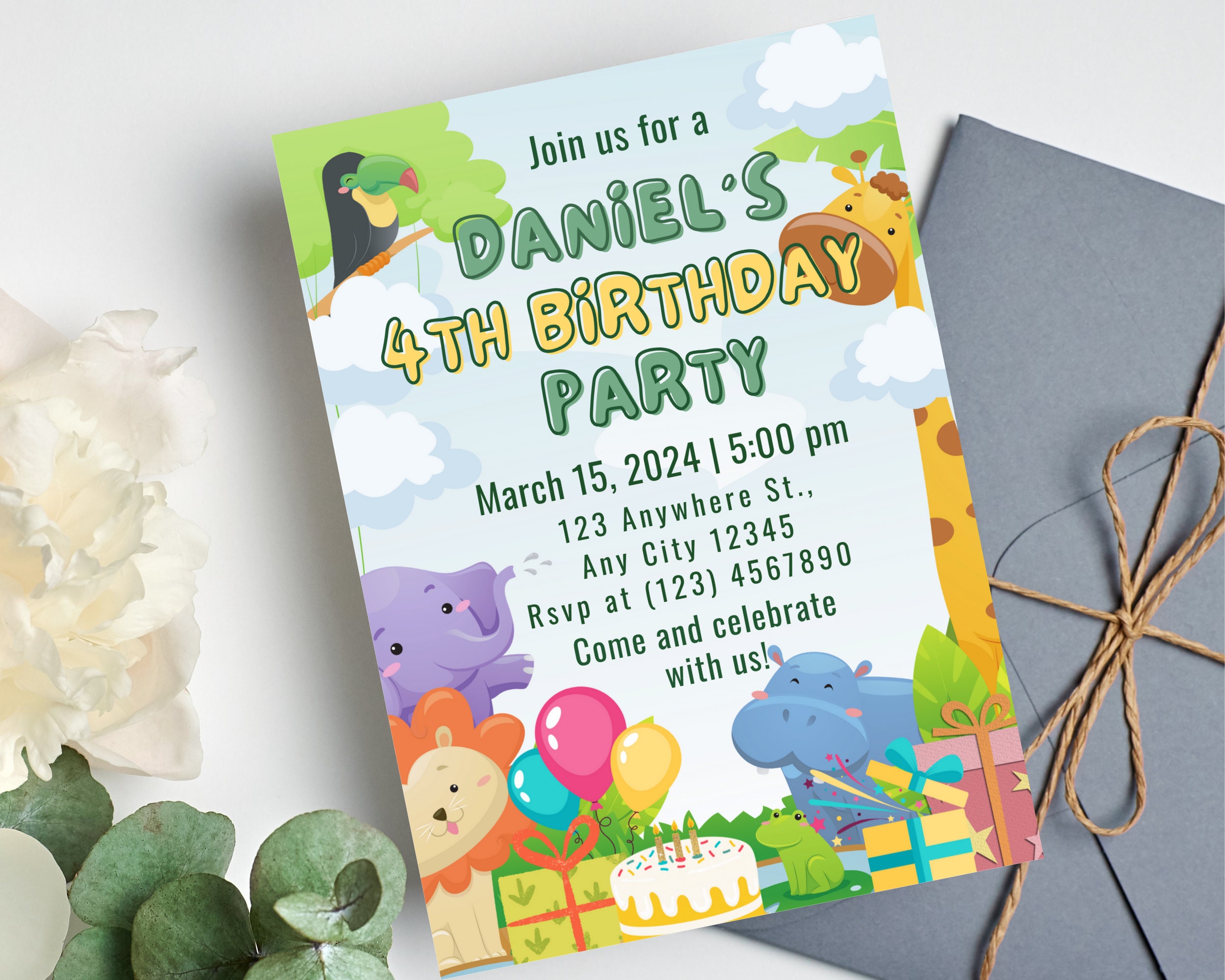 Safari Animals Birthday Party Invitation, Editable Jungle Animals ...