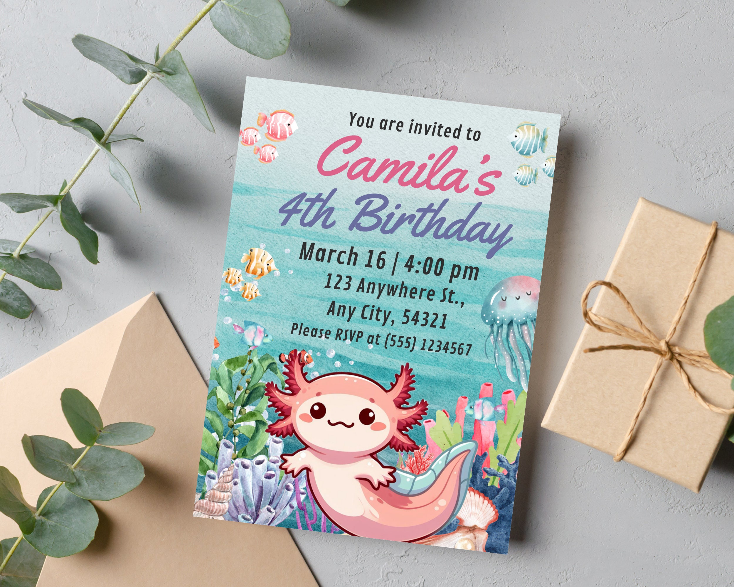 Axolotl Birthday Invitation, Editable Axolotl Birthday Invitation ...