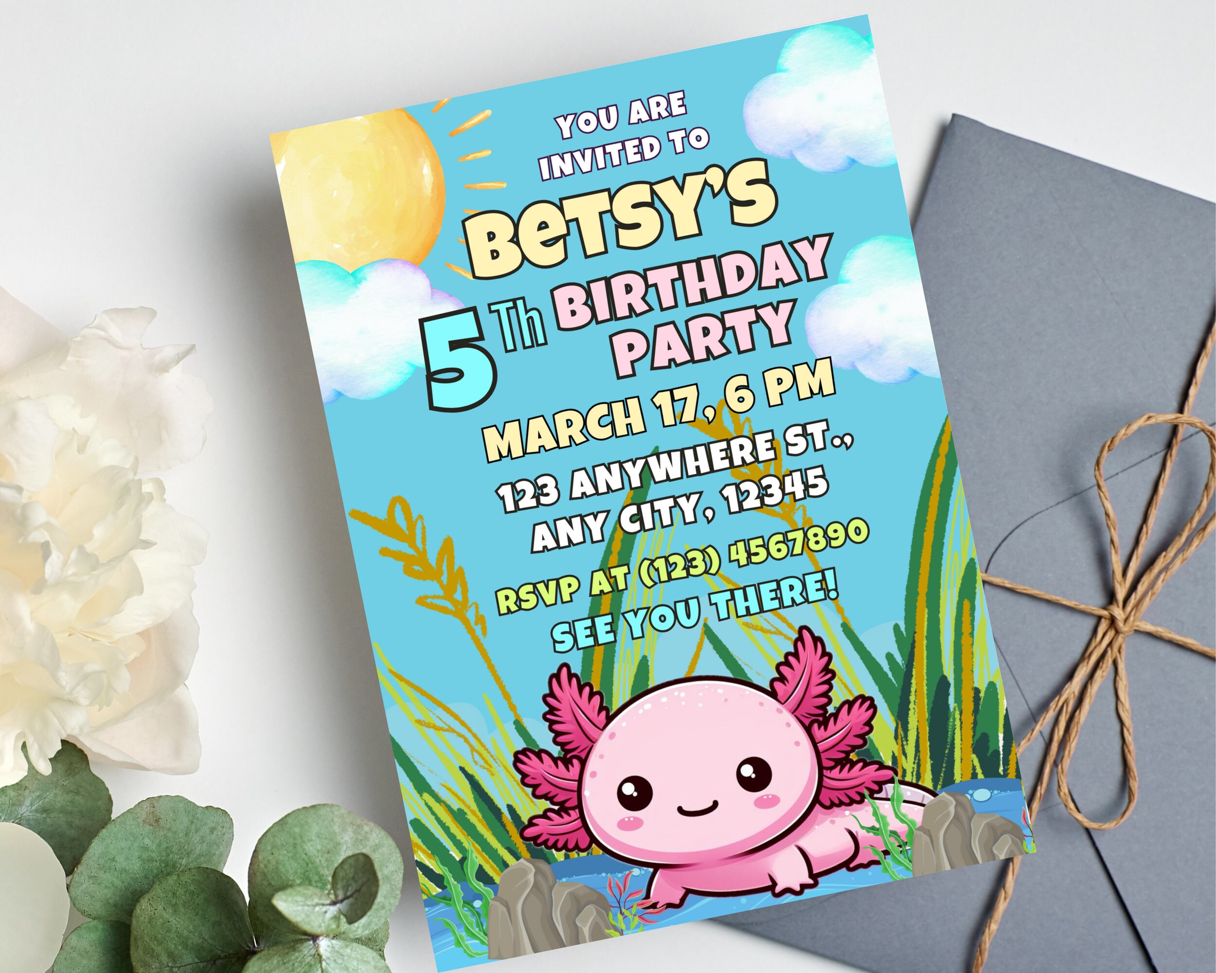 Axolotl Birthday Invitation: Editable Pink Party Invite (digital) - Etsy