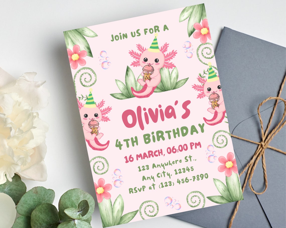 Axolotl Birthday Invitation, Editable Axolotl Birthday Invitation ...