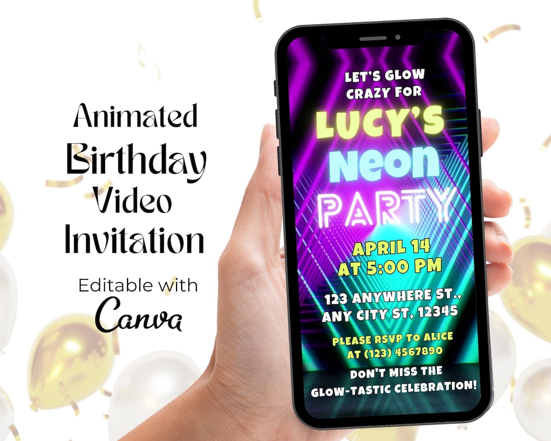 Neon Birthday Party Video Invitation, Editable Neon Glow Party Invite ...