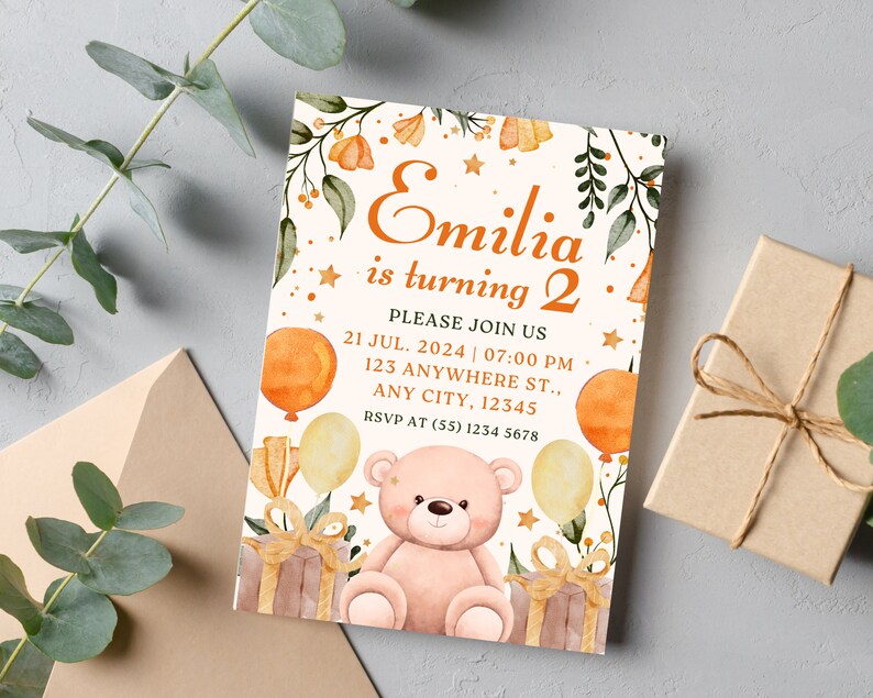 Editable Teddy Bear Birthday Invitation: Printable Party Invite (5x7 ...