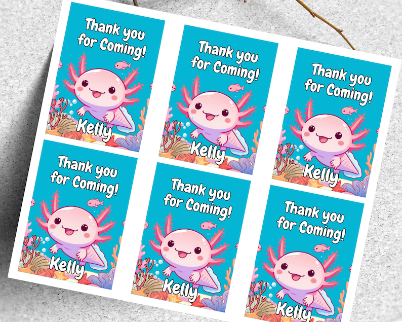 Axolotl Thank You Tags, Girl Axolotl Favor Tags, Axolotl Birthday Party ...