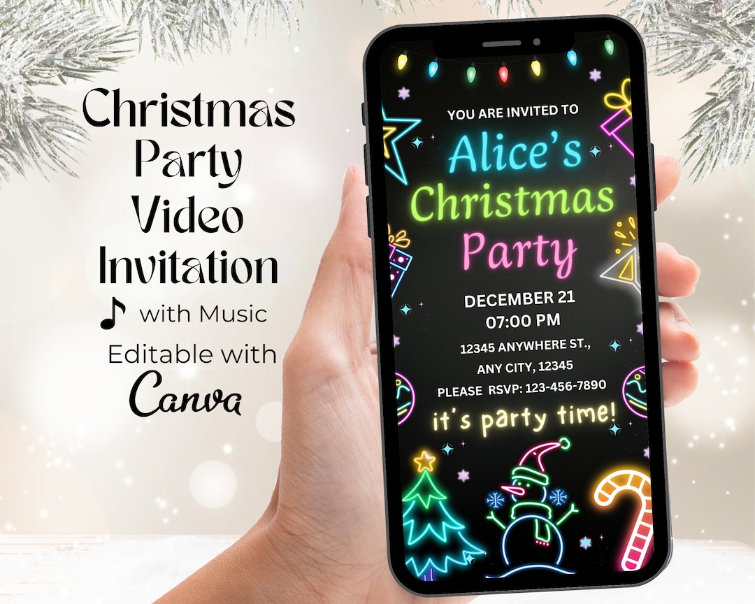 Neon Christmas Party Video Invitation: Editable Animated Invite - Etsy