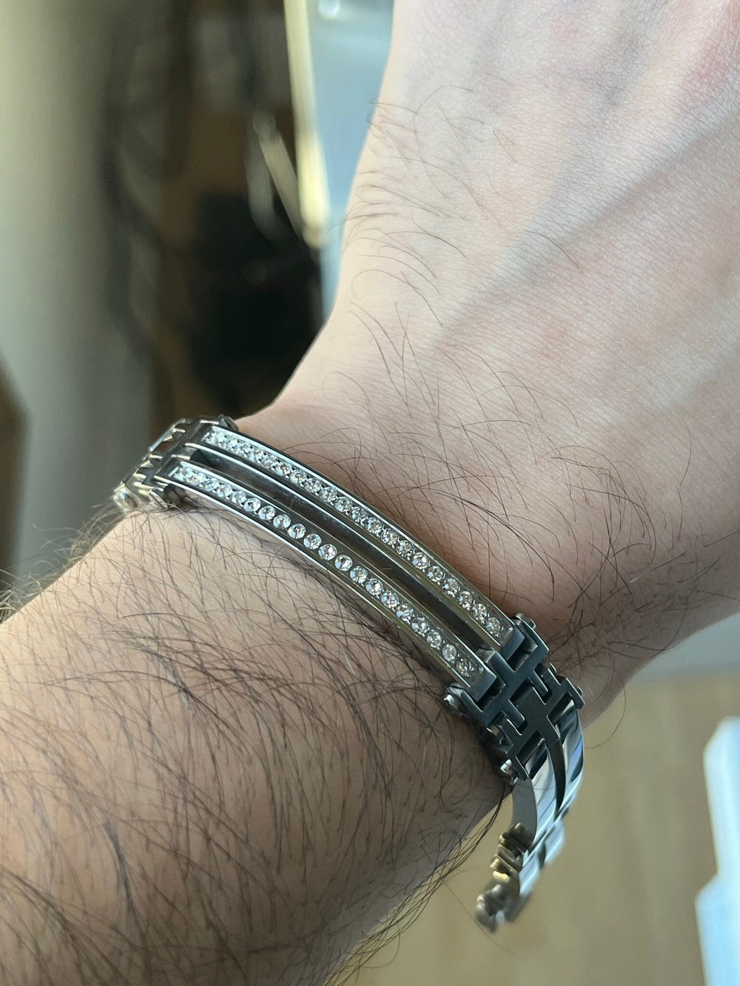 Mens Double Row CZ Bracelet, Titanium Bracelet, Solid Bracelet, Mens 8. ...