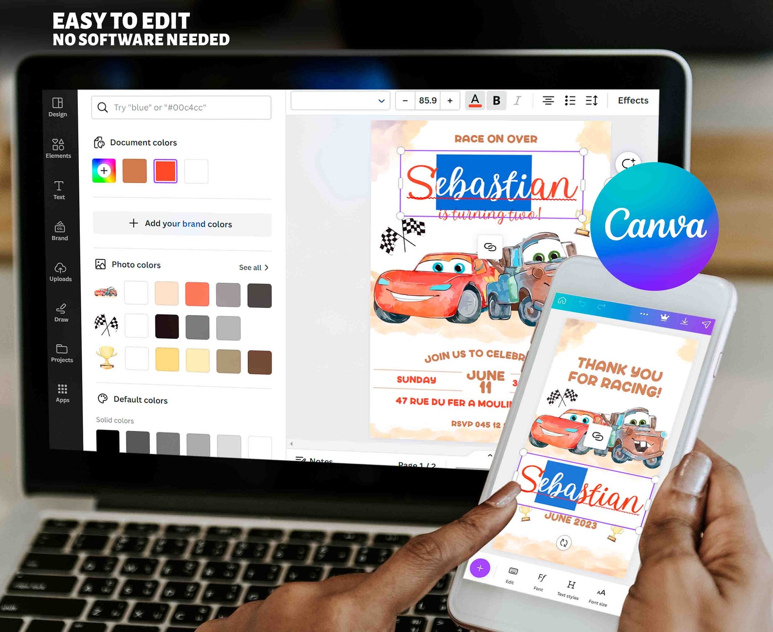 Editable Watercolor Cars Birthday Invitation, Canva Template, Mobile ...
