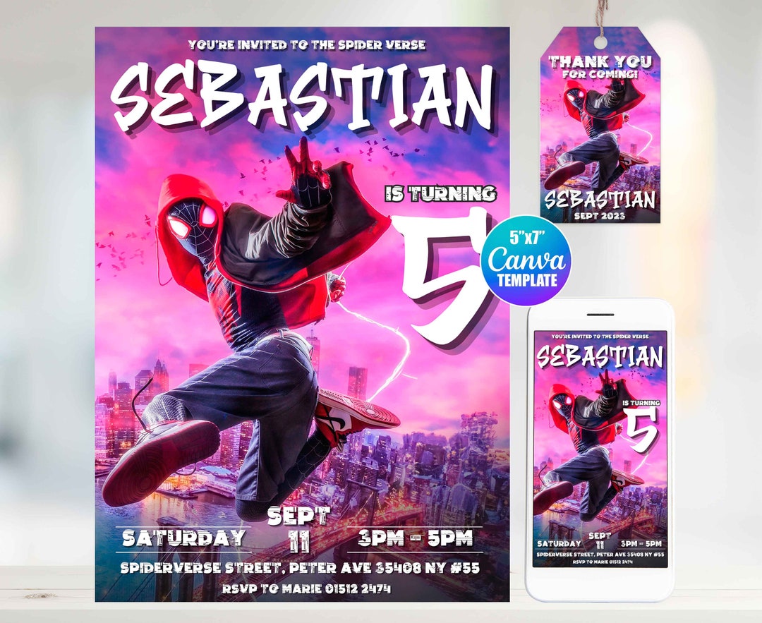 Spider Verse Birthday Invitation, Canva Template, Mobile Size, Label ...