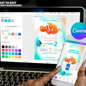 Watercolor Finding Nemo Birthday Invitation, Canva Template, Mobile ...