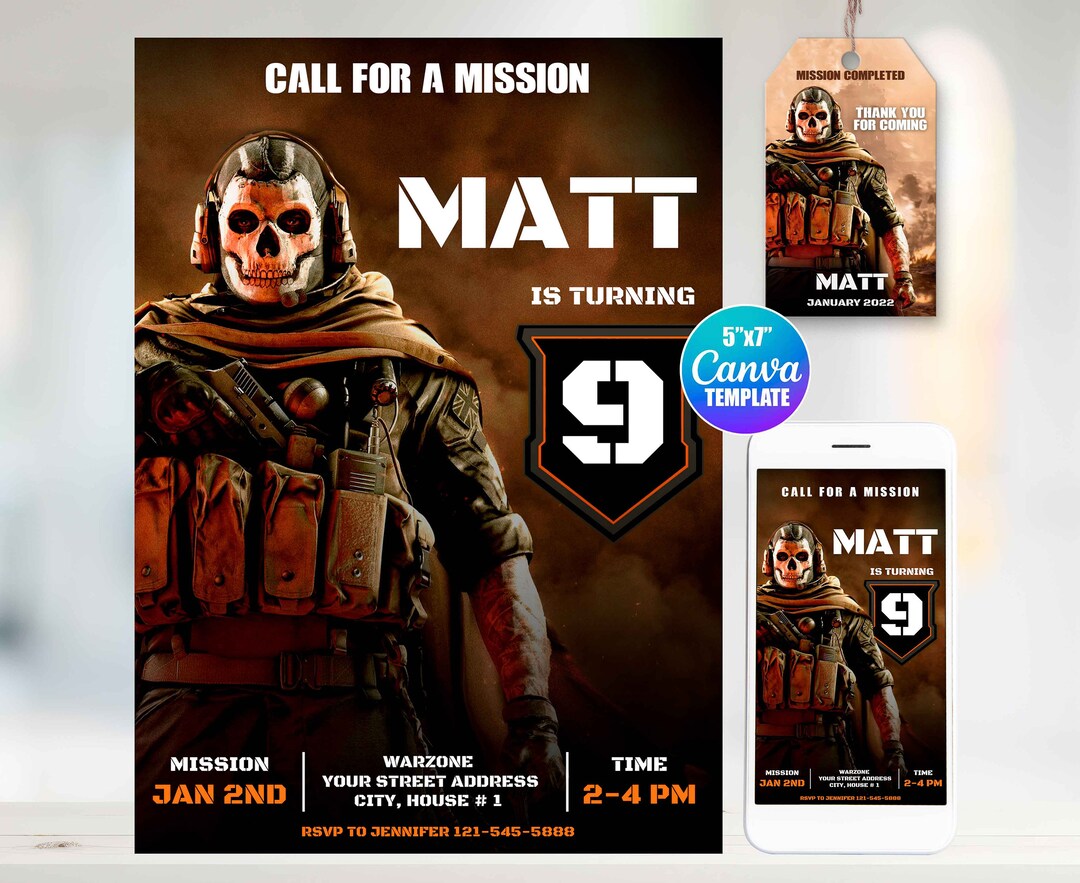 Editable Call of Duty Birthday Invitation, Canva Template, Mobile Size ...