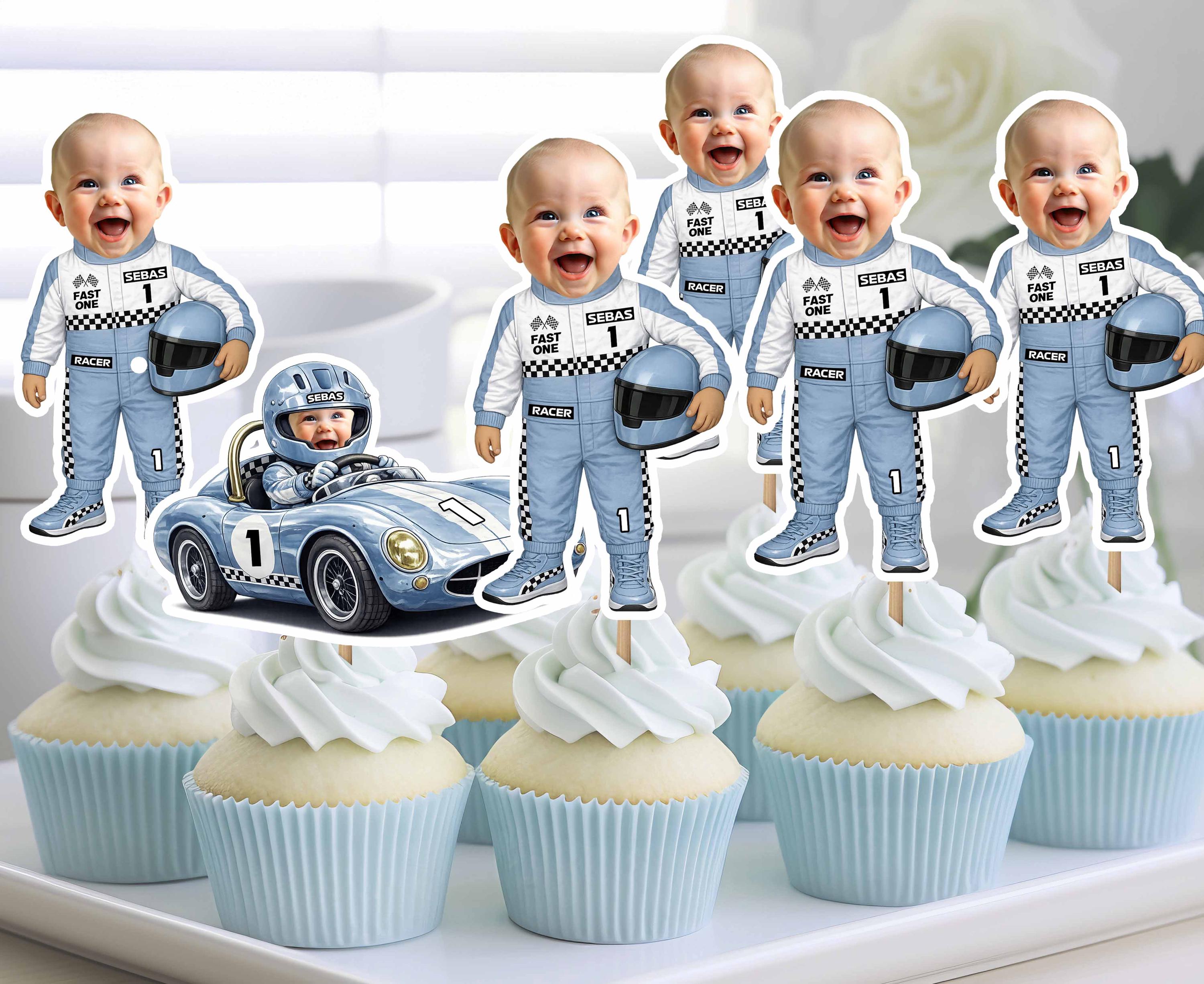 Custom Photo Racing Driver Cupcake Toppers: Fast One Theme Light Blue ...