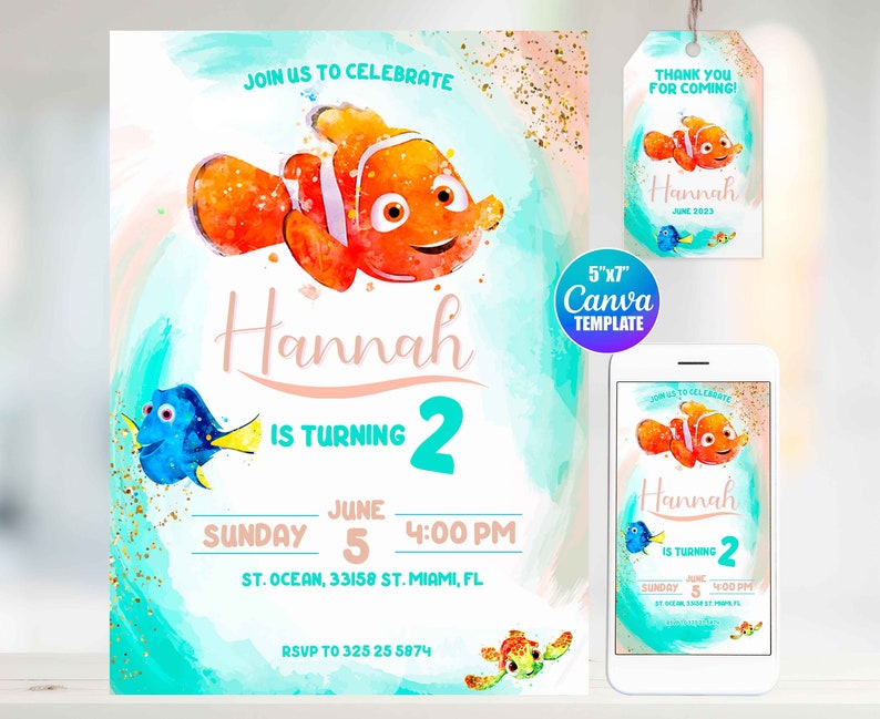 Watercolor Finding Nemo Birthday Invitation Canva Template - Etsy