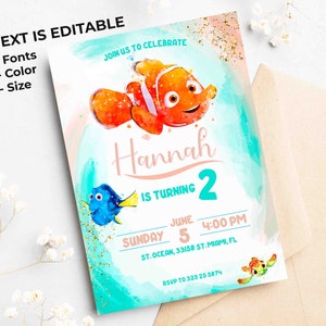 Watercolor Finding Nemo Birthday Invitation, Canva Template, Mobile ...