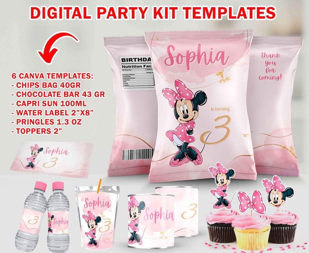 Watercolor Minnie Mouse Party Kit: Chips Bag, Water Label (digital ...