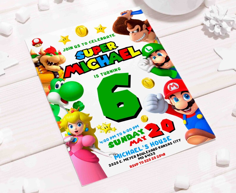 Super Mario Birthday Invitation Canva Template Mobile Size - Etsy