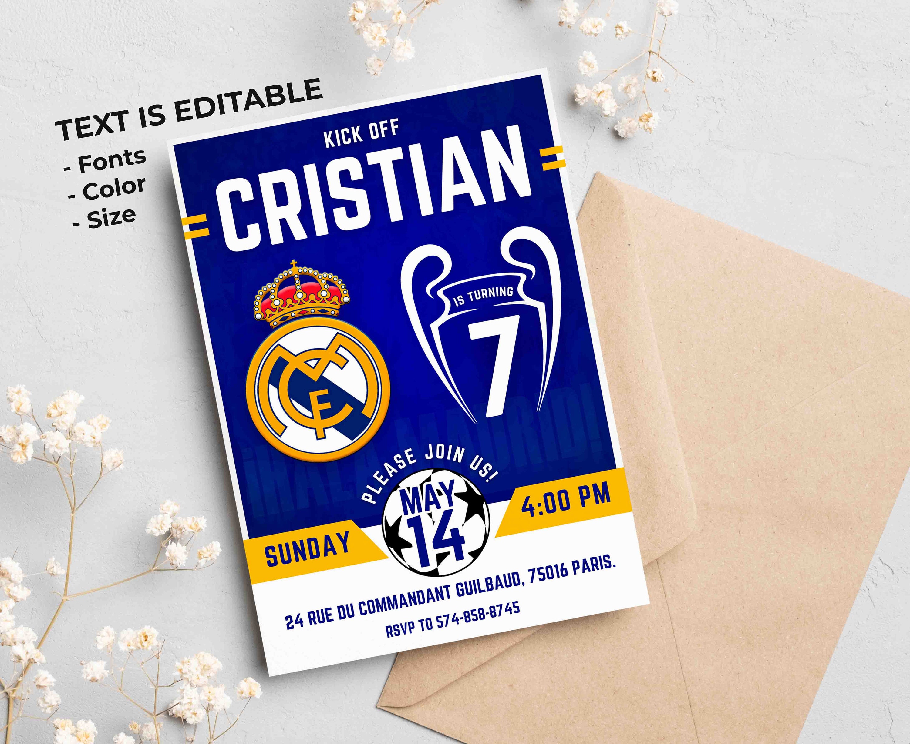 Invitación de cumpleaños editable del Real Madrid, plantilla de Canva ...