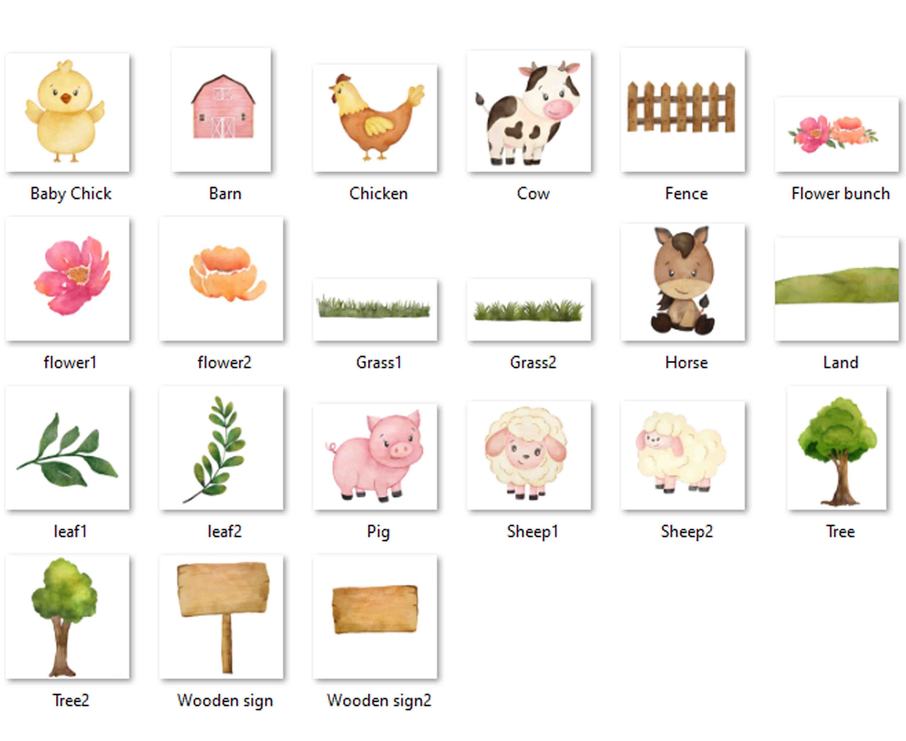 Watercolor Pink Cute Farm Clipart, Farm Animals Watercolor Digital ...