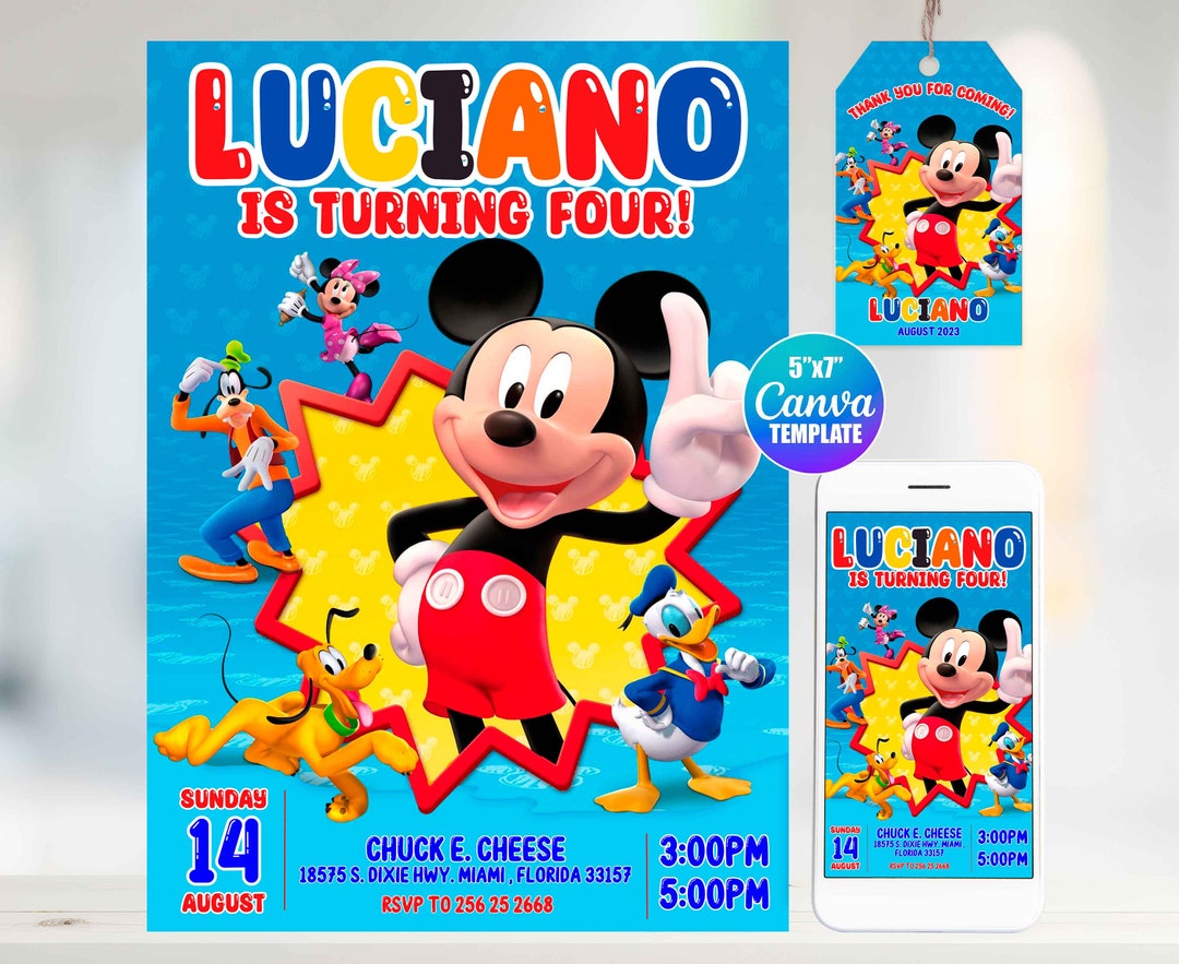 Mickey Mouse Birthday Invitation, Canva Template, Mobile Size, Label ...