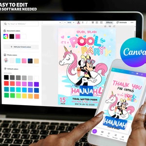 Minnie Mouse Pool Party Invitation: Editable Canva Template (digital ...