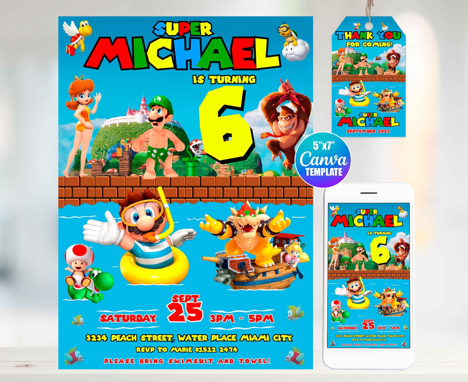 Super Mario Pool Party Birthday Invitation, Canva Template, Mobile Size ...