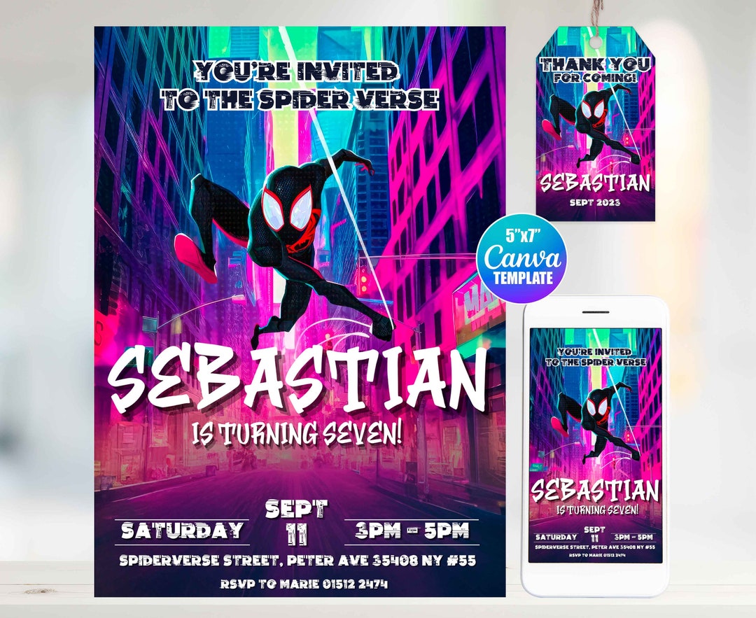 Spider Verse Birthday Invitation, Canva Template, Mobile Size, Label ...