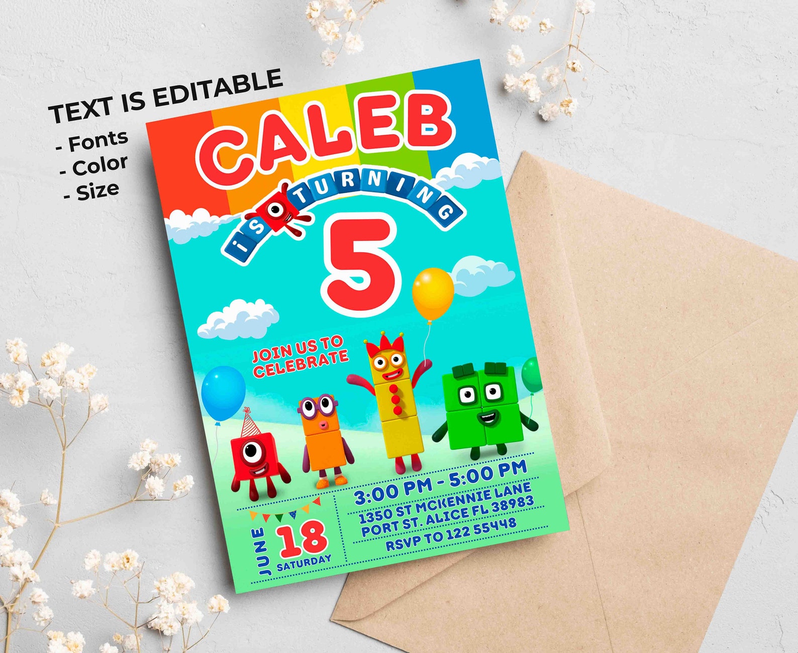 Numberblocks Birthday Invitation, Canva Template, Mobile Size, Label ...