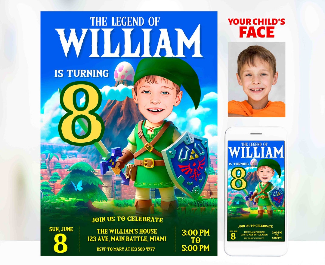 The Legend of Zelda Birthday Photo Invitation, Custom Photo, Link Photo ...