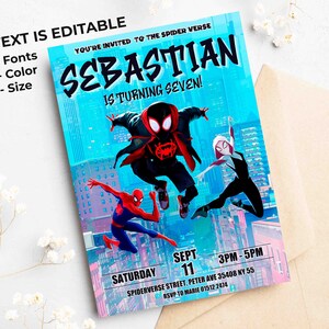 Spider Verse Birthday Invitation, Canva Template, Mobile Size, Label ...