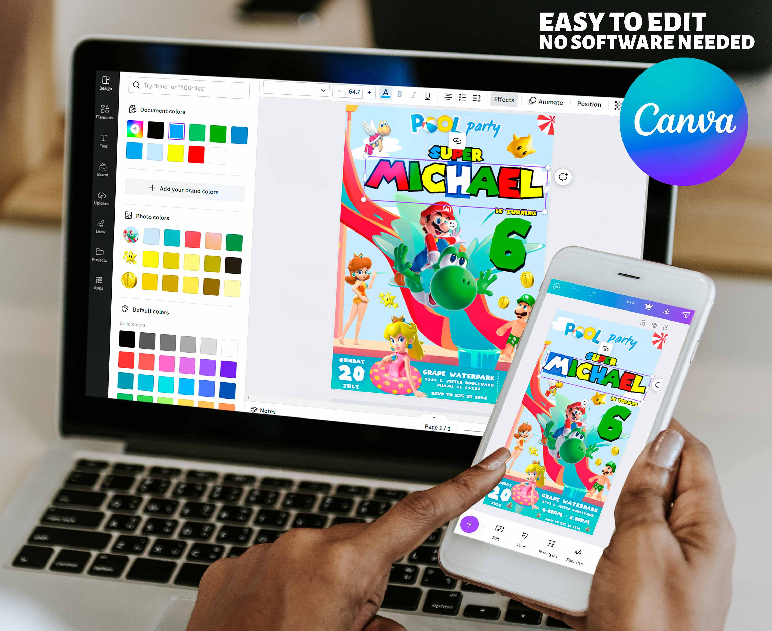 Super Mario Pool Party Birthday Invitation, Canva Template, Mobile Size ...