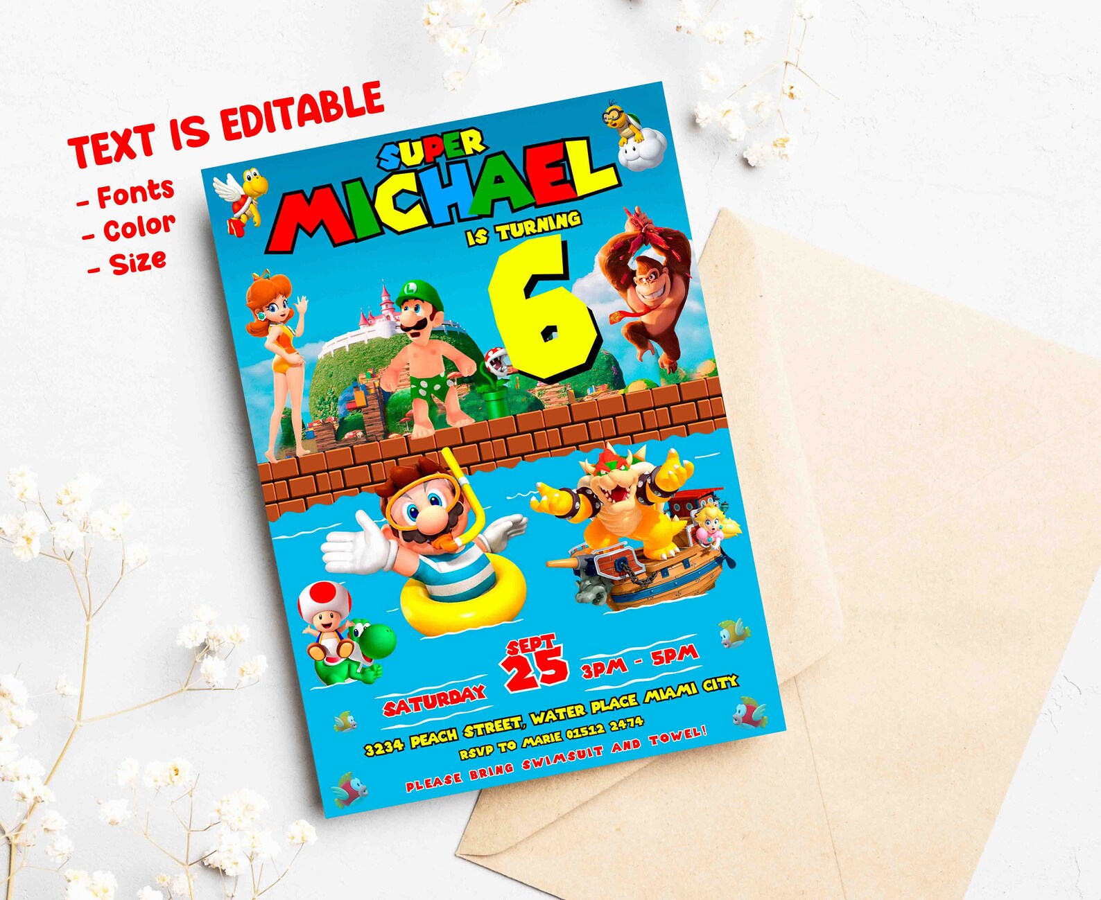 Super Mario Pool Party Birthday Invitation, Canva Template, Mobile Size ...
