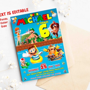 Super Mario Pool Party Birthday Invitation, Canva Template, Mobile Size ...