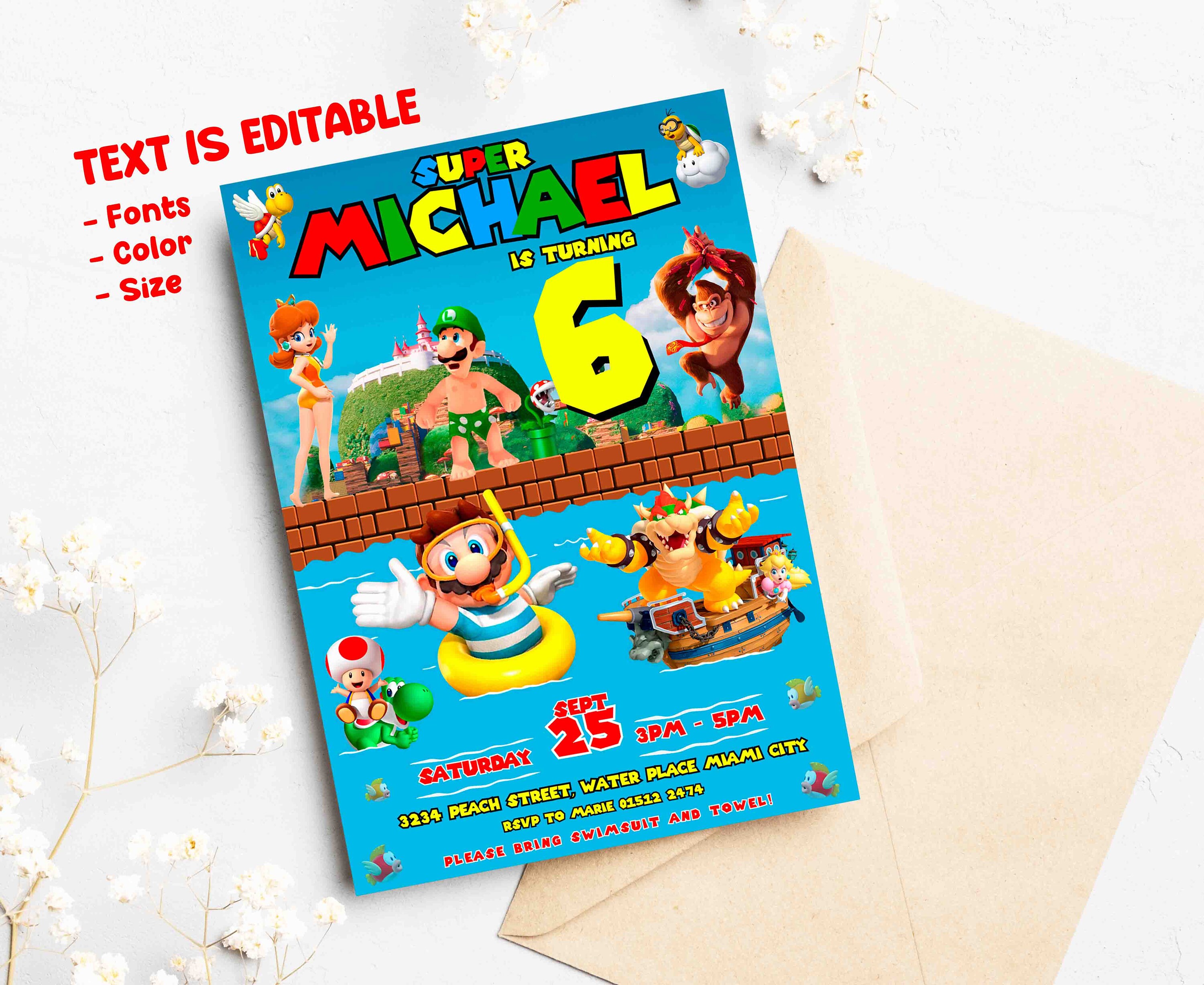 Super Mario Pool Party Birthday Invitation, Canva Template, Mobile Size ...