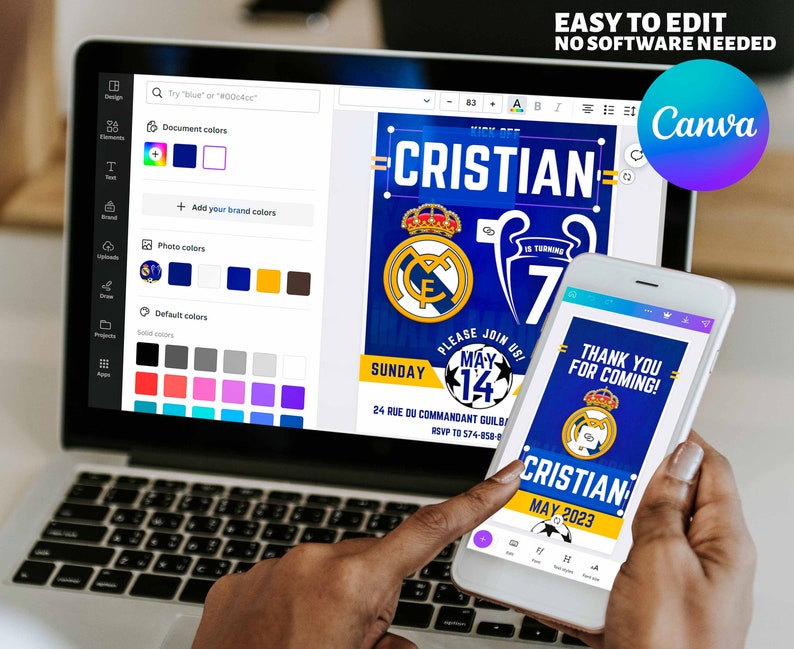 Invitación de cumpleaños editable del Real Madrid, plantilla de Canva ...