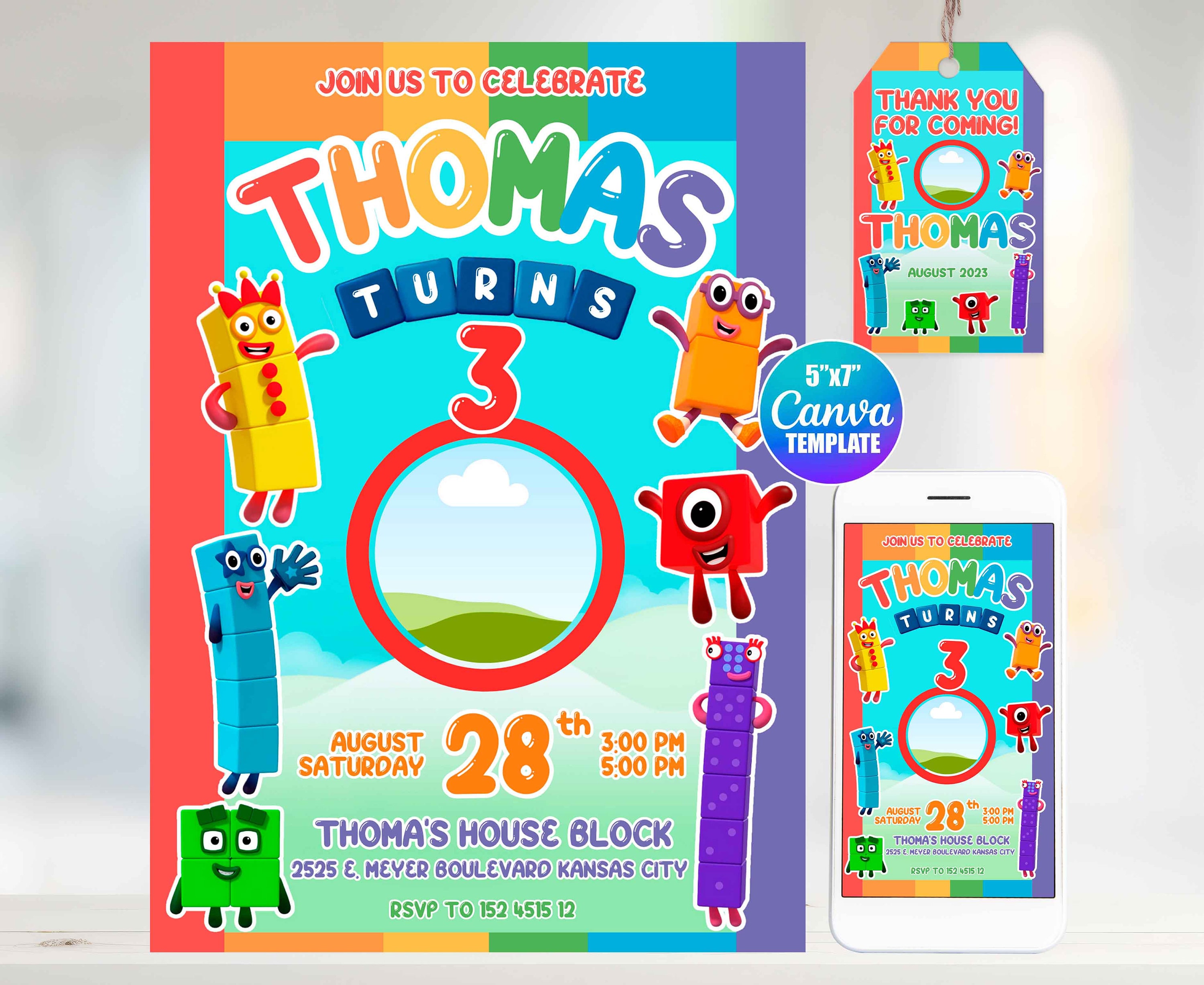 Numberblocks Birthday Invitation With Photo Canva Template - Etsy UK
