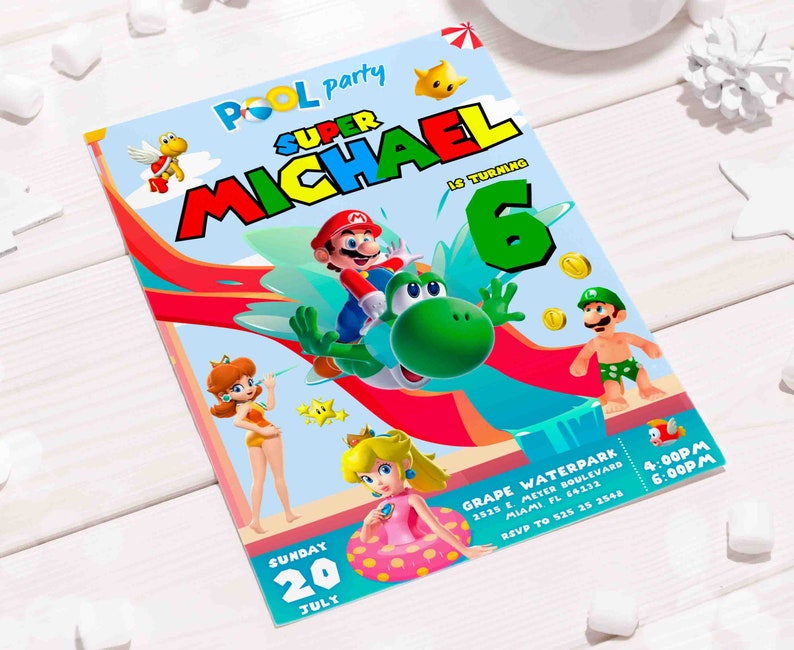 Super Mario Pool Party Birthday Invitation, Canva Template, Mobile Size ...