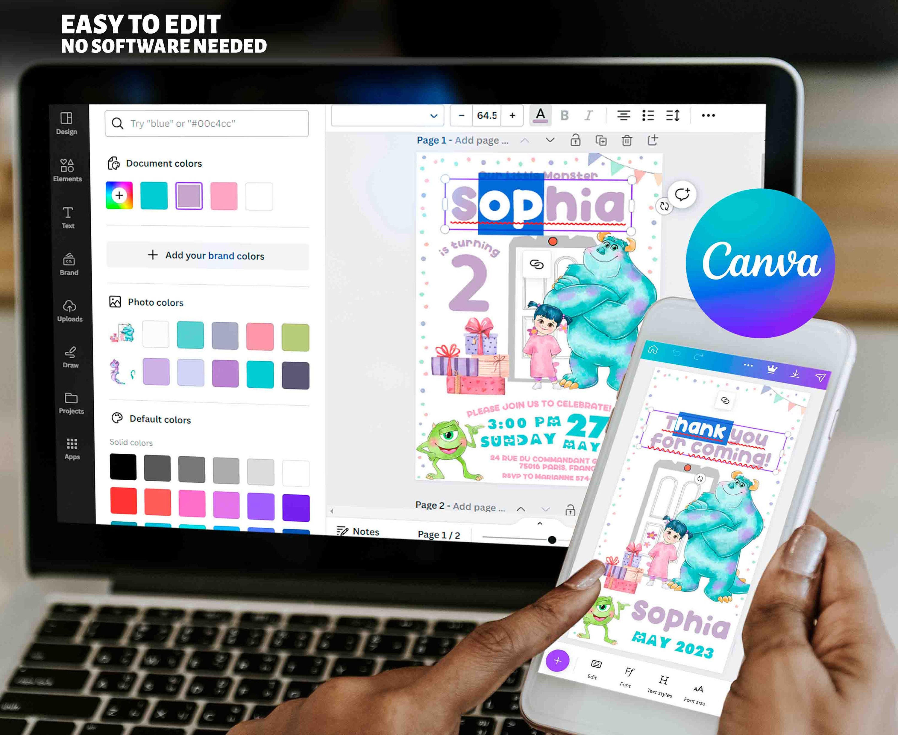 Editable Monsters Inc Boo Birthday Invitation, Canva Template, Mobile ...