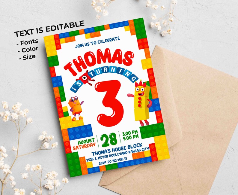 Numberblocks Birthday Invitation, Canva Template, Mobile Size, Label ...